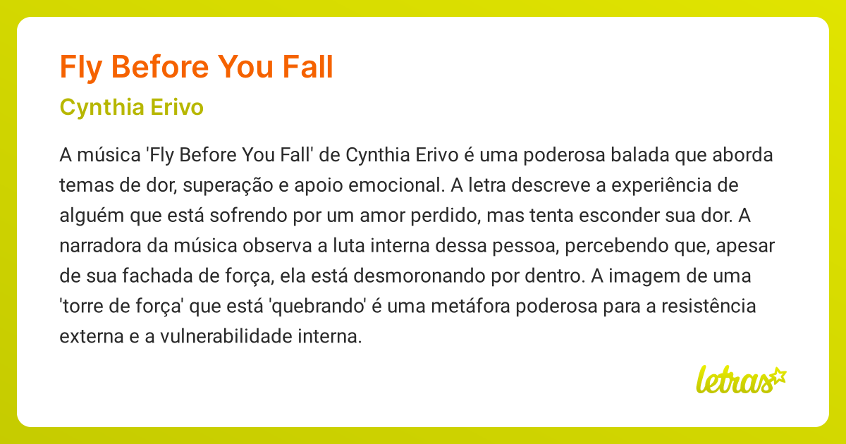 Significado da música FLY BEFORE YOU FALL (Cynthia Erivo) - LETRAS.MUS.BR