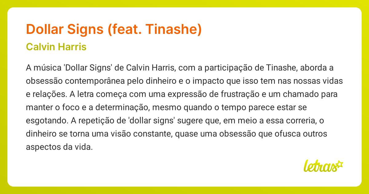 Significado da música DOLLAR SIGNS (FEAT. TINASHE) (Calvin Harris ...