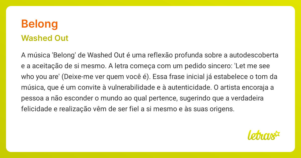Significado da música BELONG (Washed Out) - LETRAS.MUS.BR
