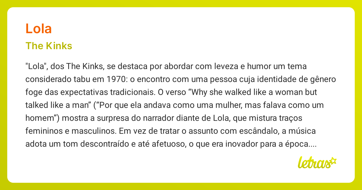 Significado da música LOLA (The Kinks) - LETRAS.MUS.BR