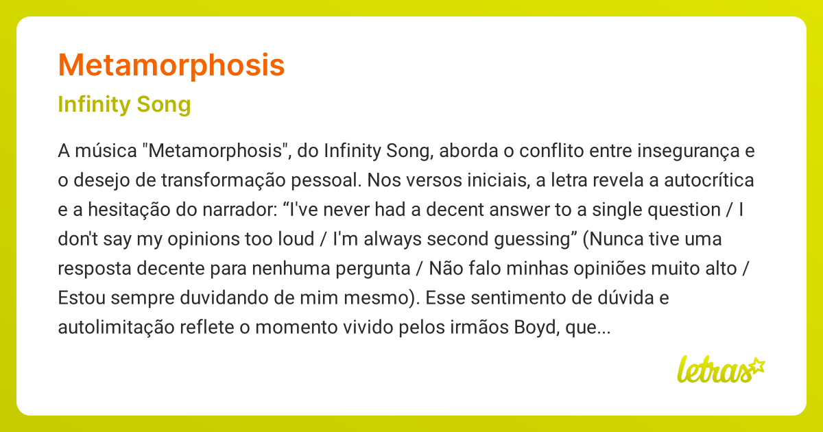 Significado da música METAMORPHOSIS (Infinity Song) - LETRAS.MUS.BR