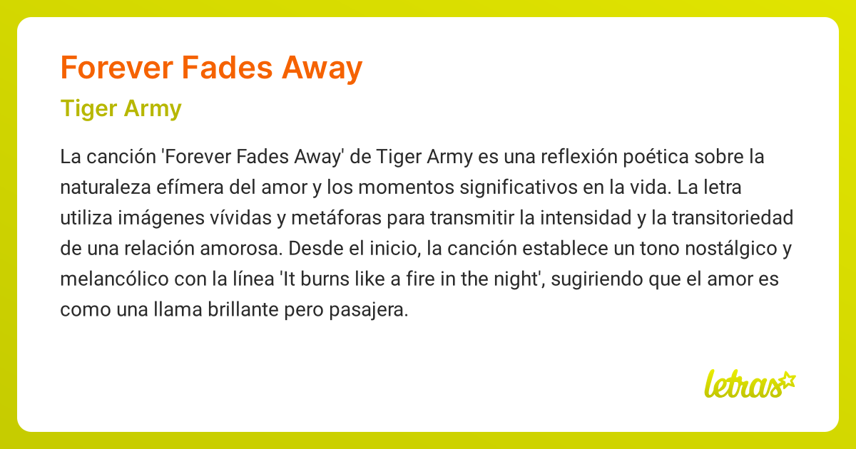 Significado de la canción FOREVER FADES AWAY (Tiger Army) - LETRAS.COM