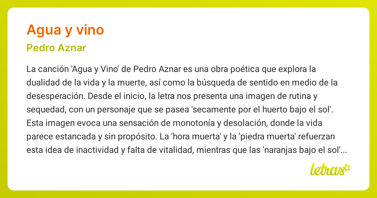 Significado de la canción AGUA Y VINO (Pedro Aznar) - LETRAS.COM