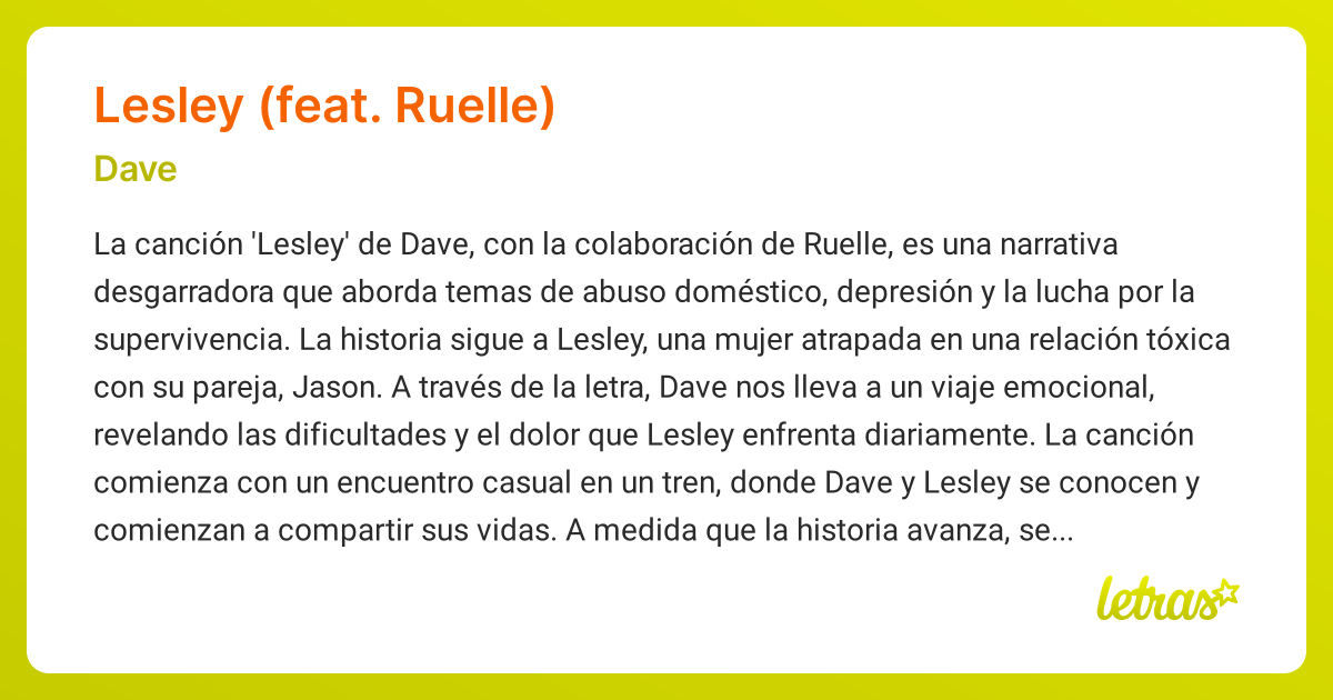 Significado de la canción LESLEY (FEAT. RUELLE) (Dave) - LETRAS.COM