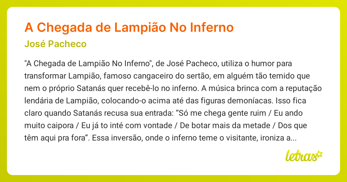 Significado da música A Chegada de Lampião No Inferno (José Pacheco) - LETRAS.MUS.BR