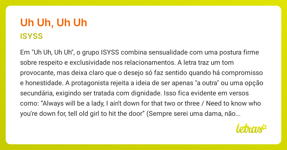 Significado da música UH UH, UH UH (ISYSS) - LETRAS.MUS.BR