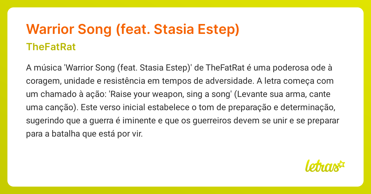 Significado da música Warrior Song (feat. Stasia Estep) (TheFatRat ...