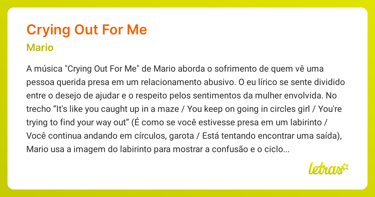 Significado da música CRYING OUT FOR ME (Mario) - LETRAS.MUS.BR