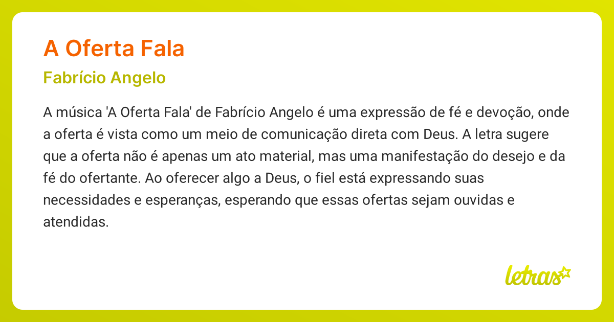 Significado da música A OFERTA FALA (Fabrício Angelo) - LETRAS.MUS.BR