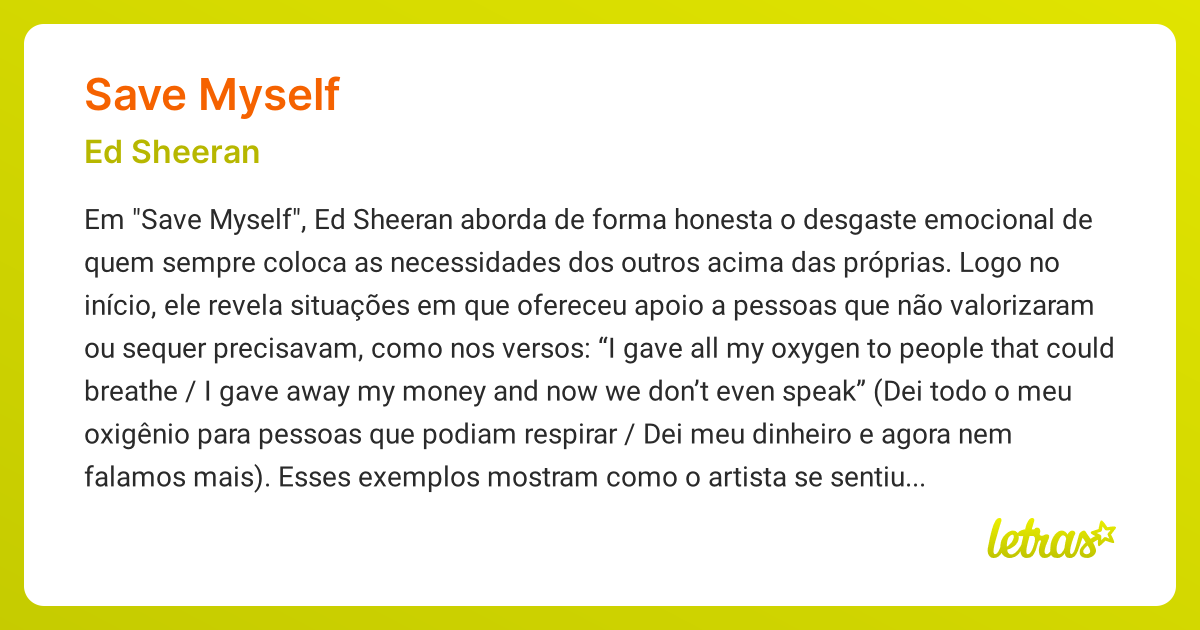 Significado da música SAVE MYSELF (Ed Sheeran) - LETRAS.MUS.BR