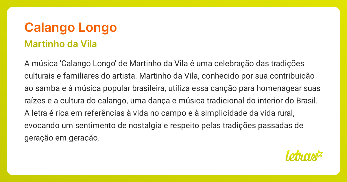 Significado da música CALANGO LONGO (Martinho da Vila) - LETRAS.MUS.BR