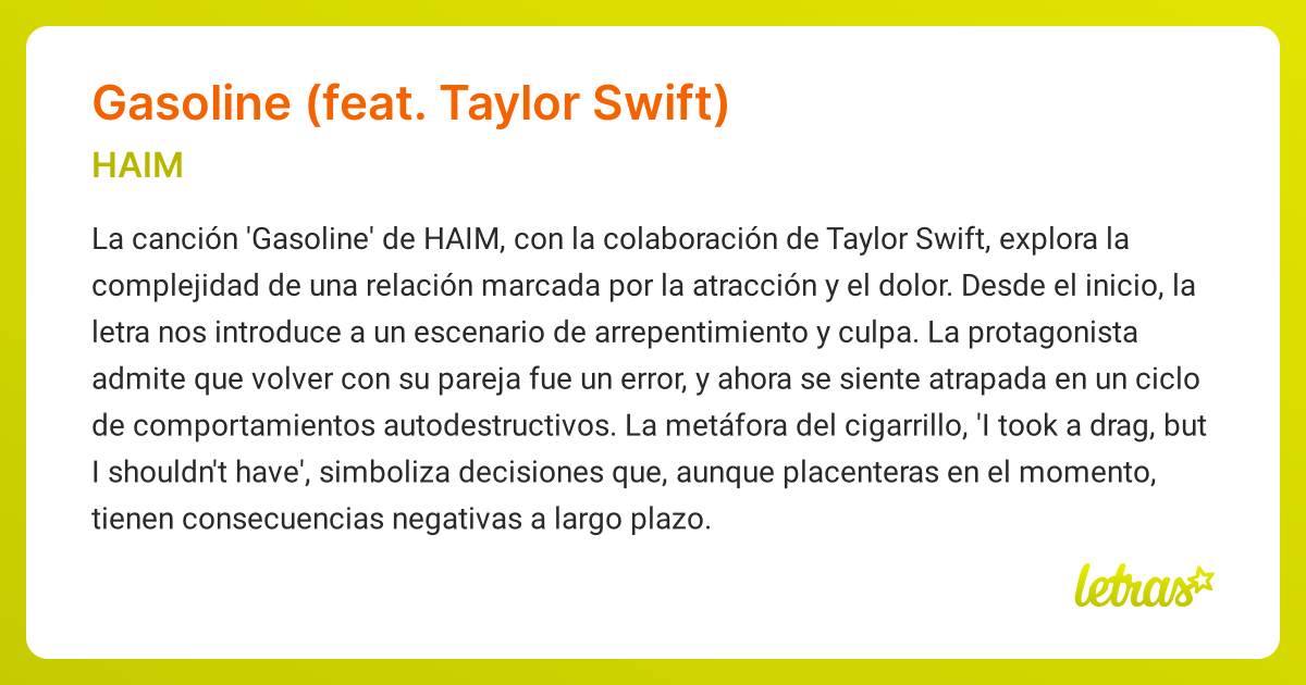 Significado de la canción GASOLINE (FEAT. TAYLOR SWIFT) (HAIM) - LETRAS.COM