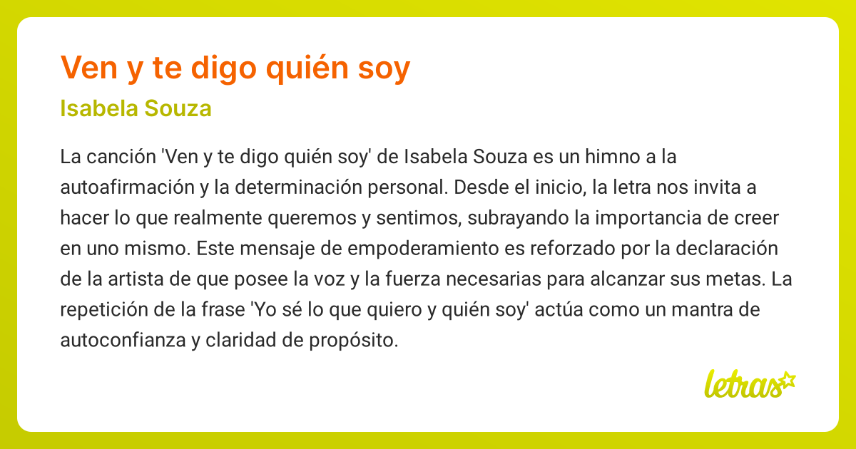 Significado de la canción VEN Y TE DIGO QUIÉN SOY (Isabela Souza ...