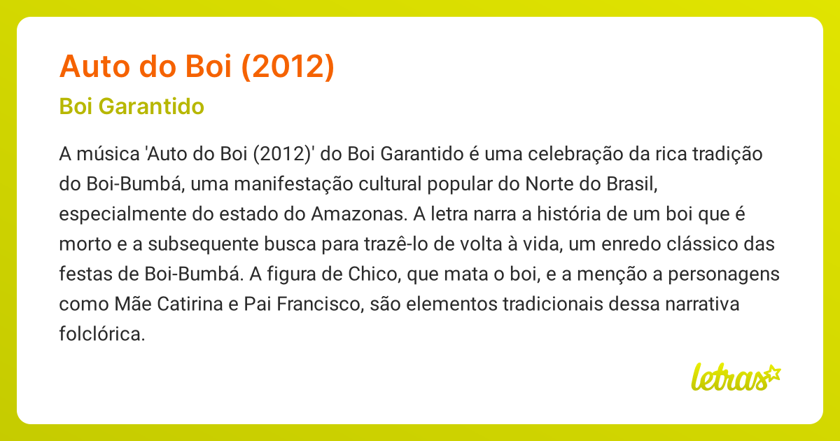 Significado da música AUTO DO BOI (2012) (Boi Garantido) - LETRAS.MUS.BR
