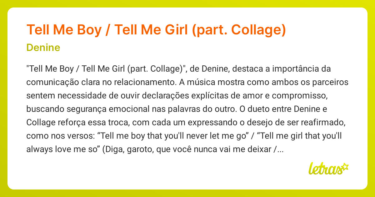 Significado da música Tell Me Boy / Tell Me Girl (part. Collage ...