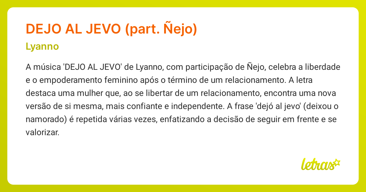 Significado da música DEJO AL JEVO (PART. ÑEJO) (Lyanno) - LETRAS.MUS.BR