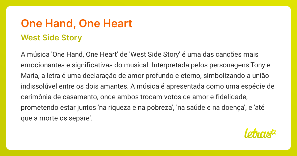 Significado da música ONE HAND, ONE HEART (West Side Story) - LETRAS.MUS.BR