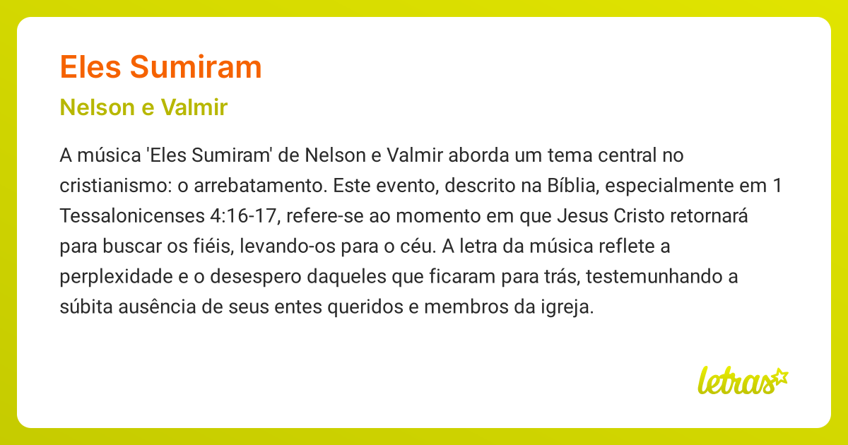 Significado da música ELES SUMIRAM (Nelson e Valmir) - LETRAS.MUS.BR