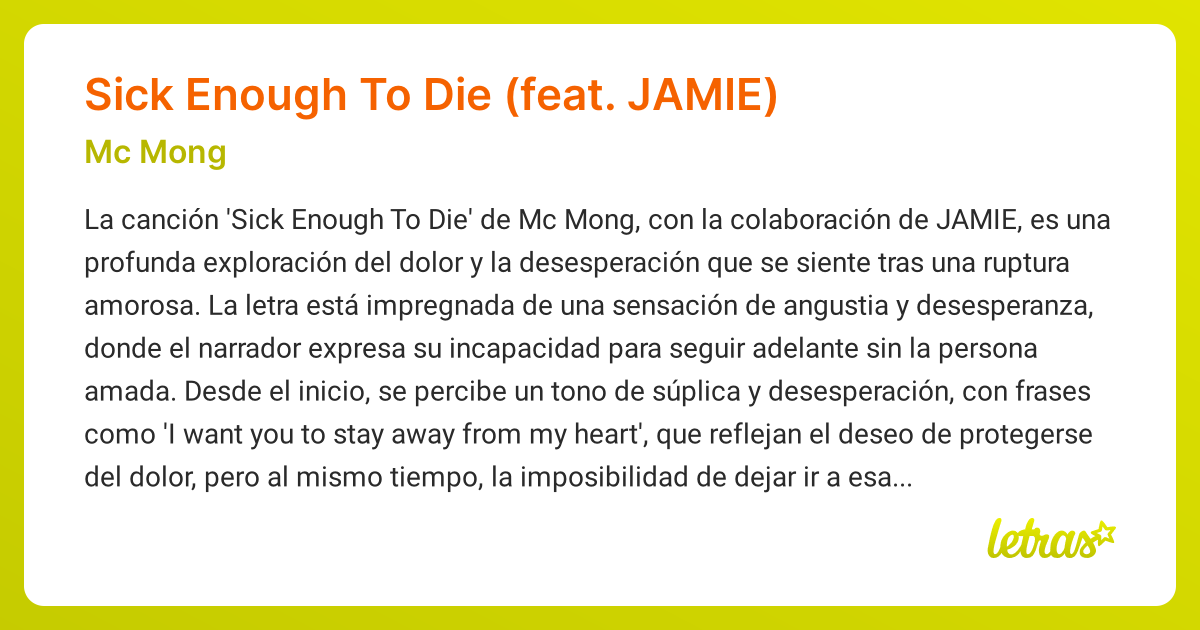 Significado de la canción Sick Enough To Die (feat. JAMIE) (Mc Mong ...
