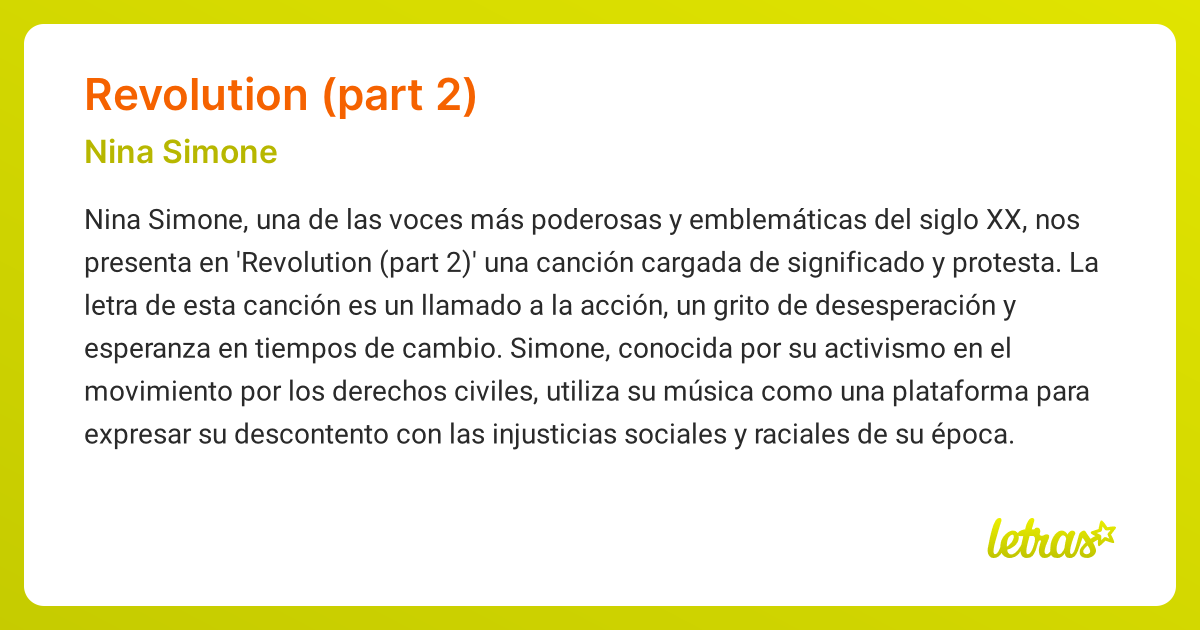 Significado de la canción REVOLUTION (PART 2) (Nina Simone) - LETRAS.COM