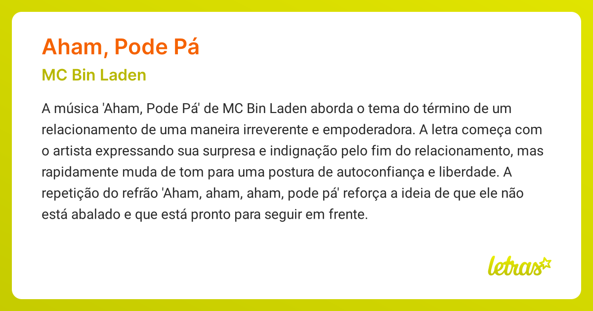 Significado da música AHAM, PODE PÁ (MC Bin Laden) - LETRAS.MUS.BR