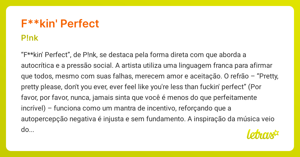 Significado da música F**KIN' PERFECT (P!nk) - LETRAS.MUS.BR