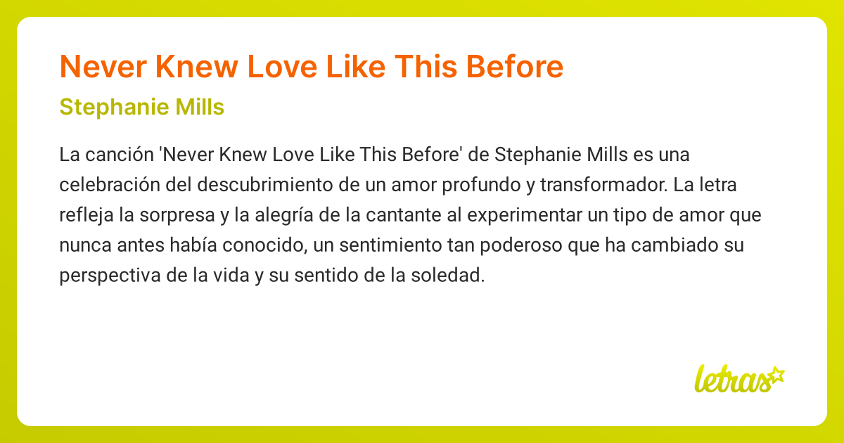 Significado de la canción Never Knew Love Like This Before (Stephanie Mills) - LETRAS.COM