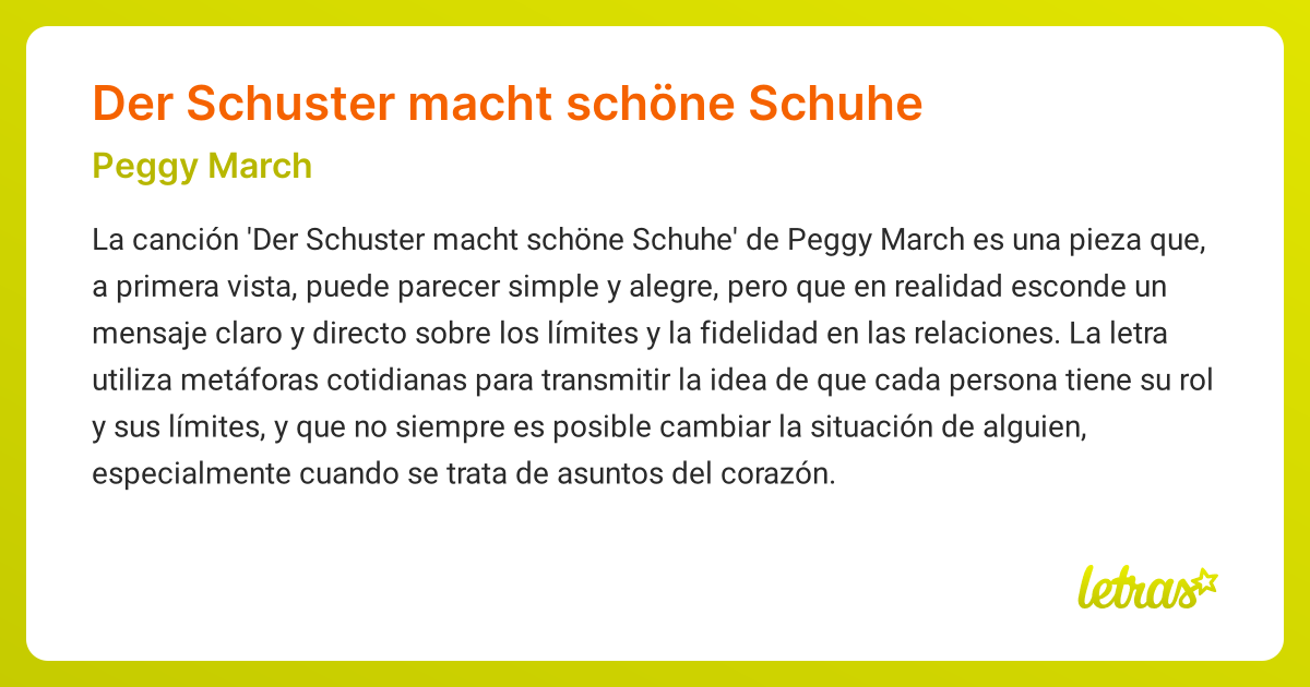 Significado de la canción Der Schuster macht schöne Schuhe (Peggy March ...