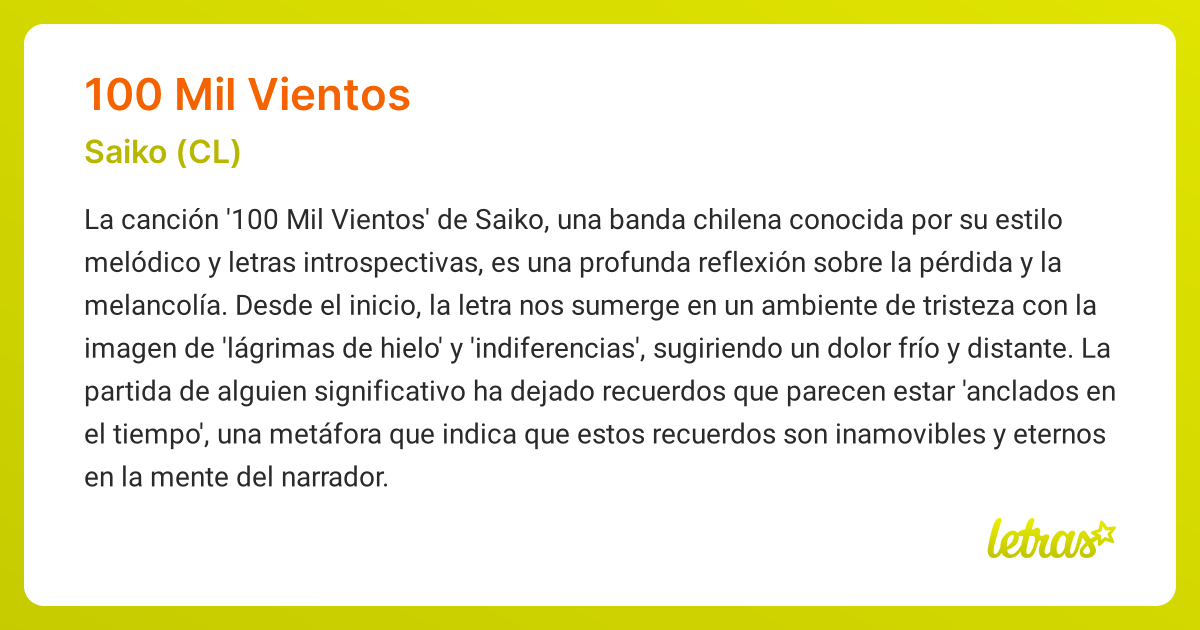 Significado de la canción 100 MIL VIENTOS (Saiko (CL)) - LETRAS.COM