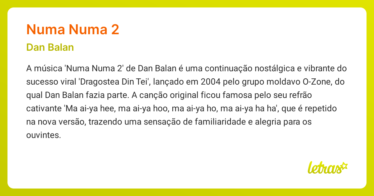 Significado da música NUMA NUMA 2 (Dan Balan) - LETRAS.MUS.BR