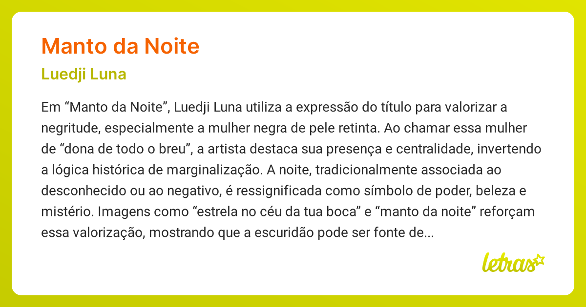 Significado da música MANTO DA NOITE (Luedji Luna) - LETRAS.MUS.BR