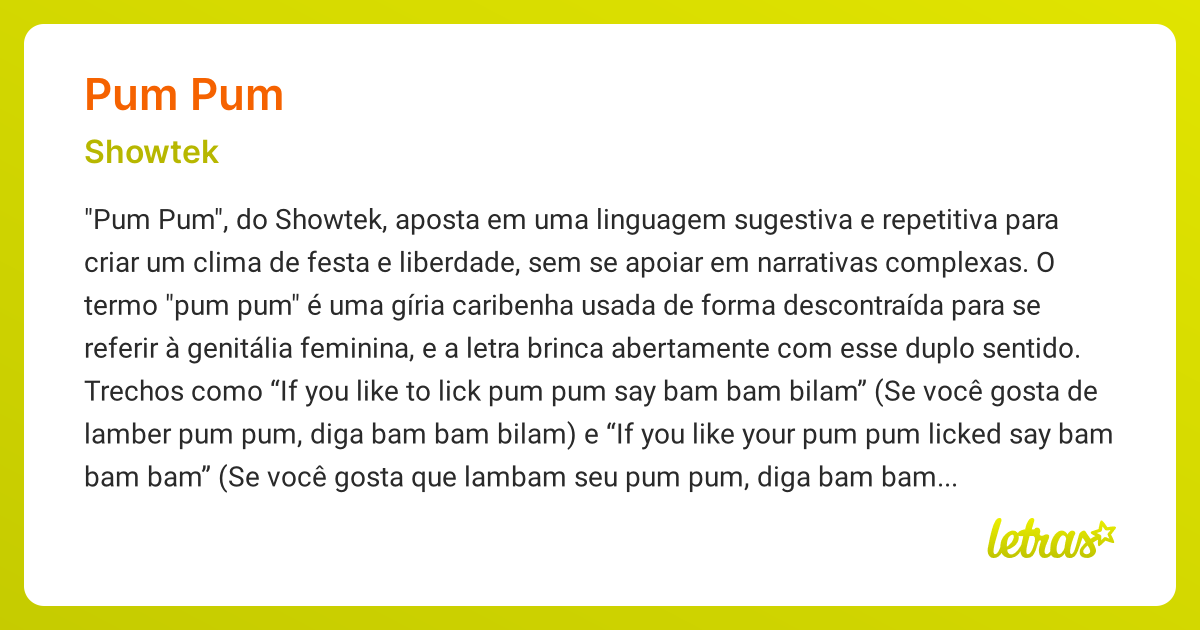 Significado da música PUM PUM (Showtek) - LETRAS.MUS.BR