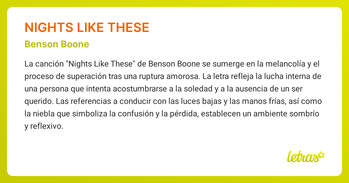 Significado de la canción NIGHTS LIKE THESE (Benson Boone) - LETRAS.COM