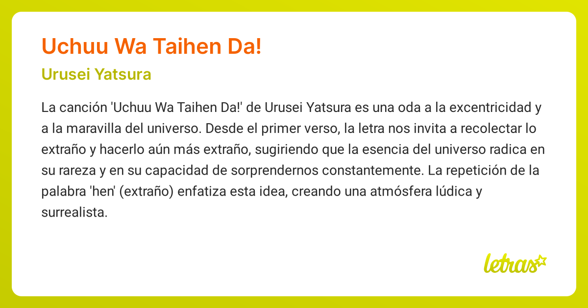 Significado de la canción UCHUU WA TAIHEN DA! (Urusei Yatsura) - LETRAS.COM