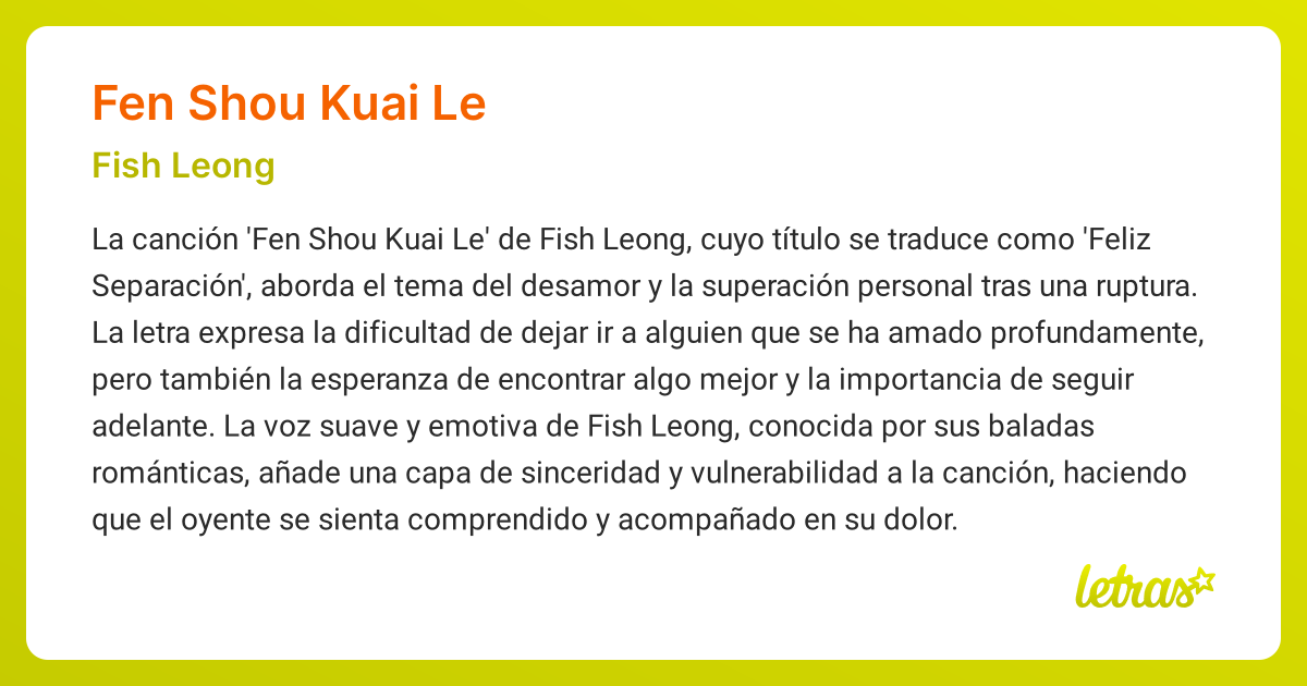 Significado de la canción FEN SHOU KUAI LE (Fish Leong) - LETRAS.COM