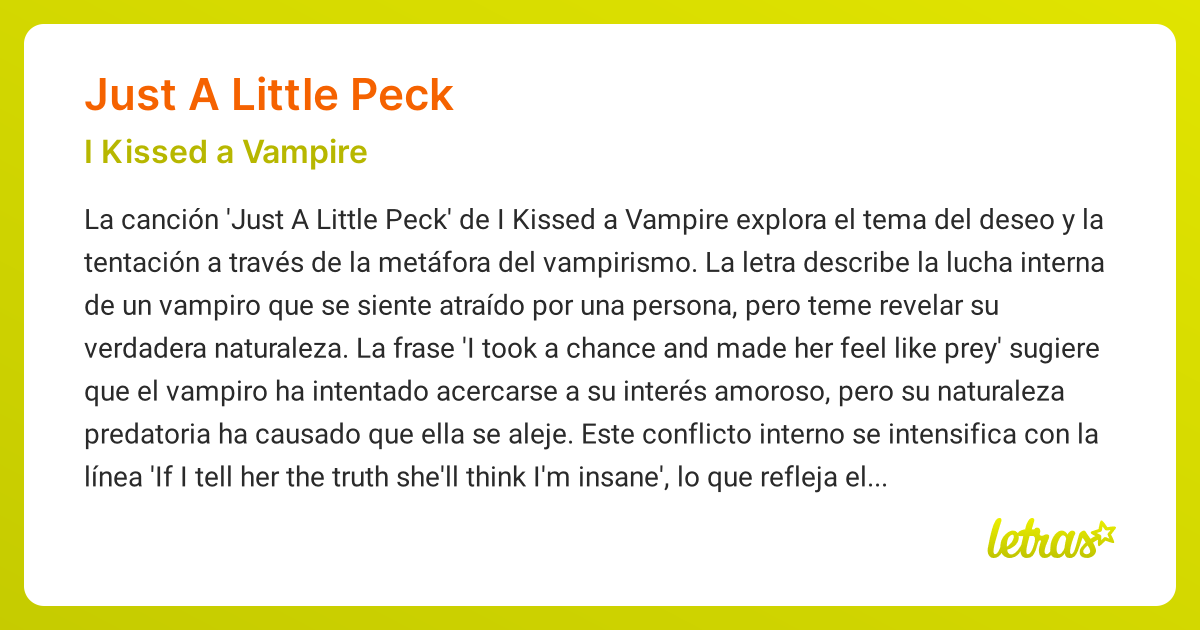Significado de la canción JUST A LITTLE PECK (I Kissed a Vampire ...
