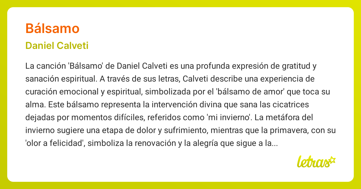 Significado de la canción BÁLSAMO (Daniel Calveti) - LETRAS.COM