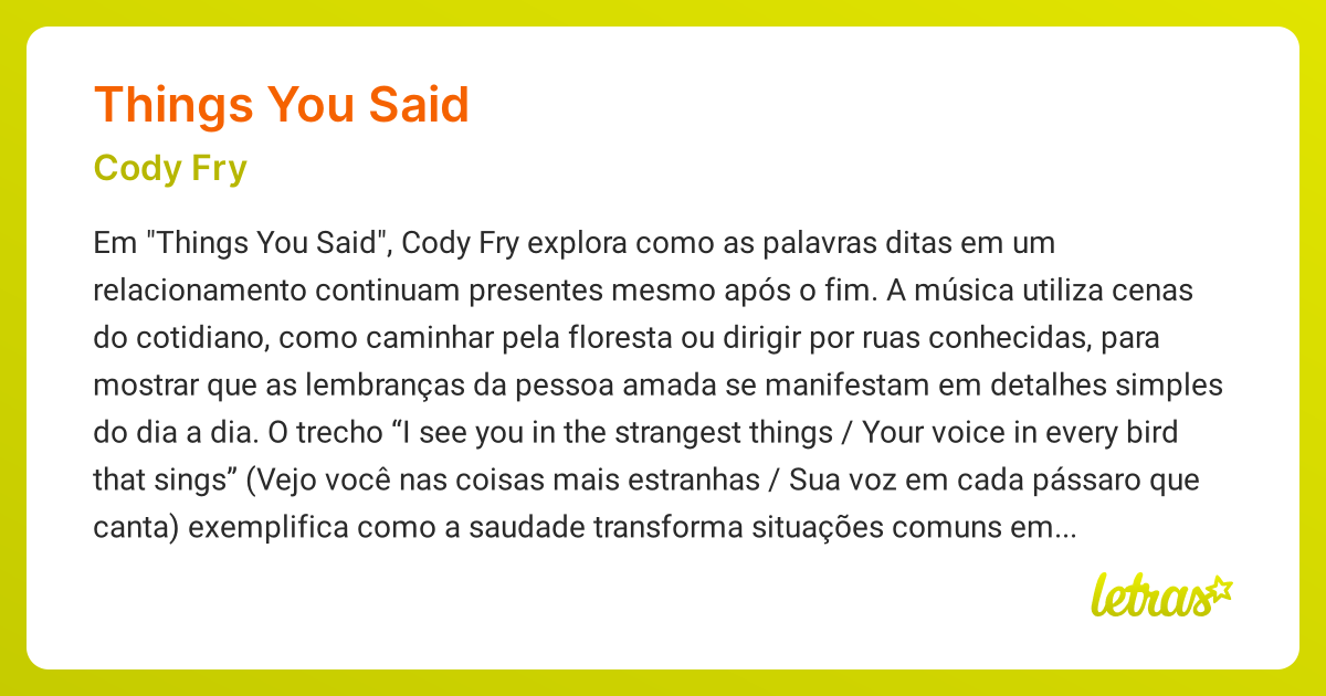 Significado da música THINGS YOU SAID (Cody Fry) - LETRAS.MUS.BR