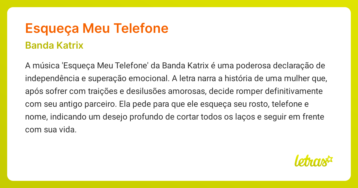 Significado da música ESQUEÇA MEU TELEFONE (Banda Katrix) - LETRAS.MUS.BR