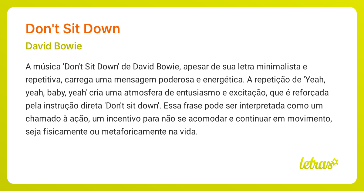 Significado da música DON'T SIT DOWN (David Bowie) - LETRAS.MUS.BR
