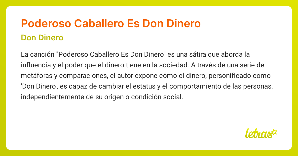 Significado de la canción Poderoso Caballero Es Don Dinero (Don Dinero ...