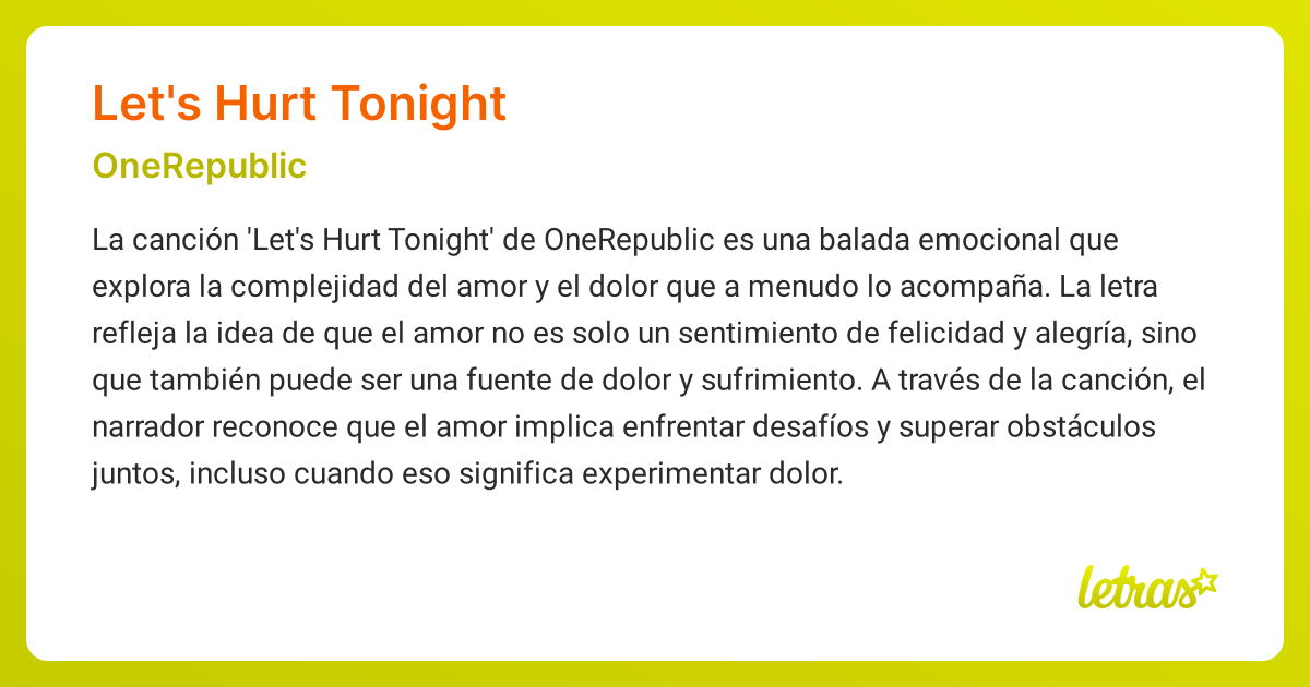 Significado de la canción LET'S HURT TONIGHT (OneRepublic) - LETRAS.COM