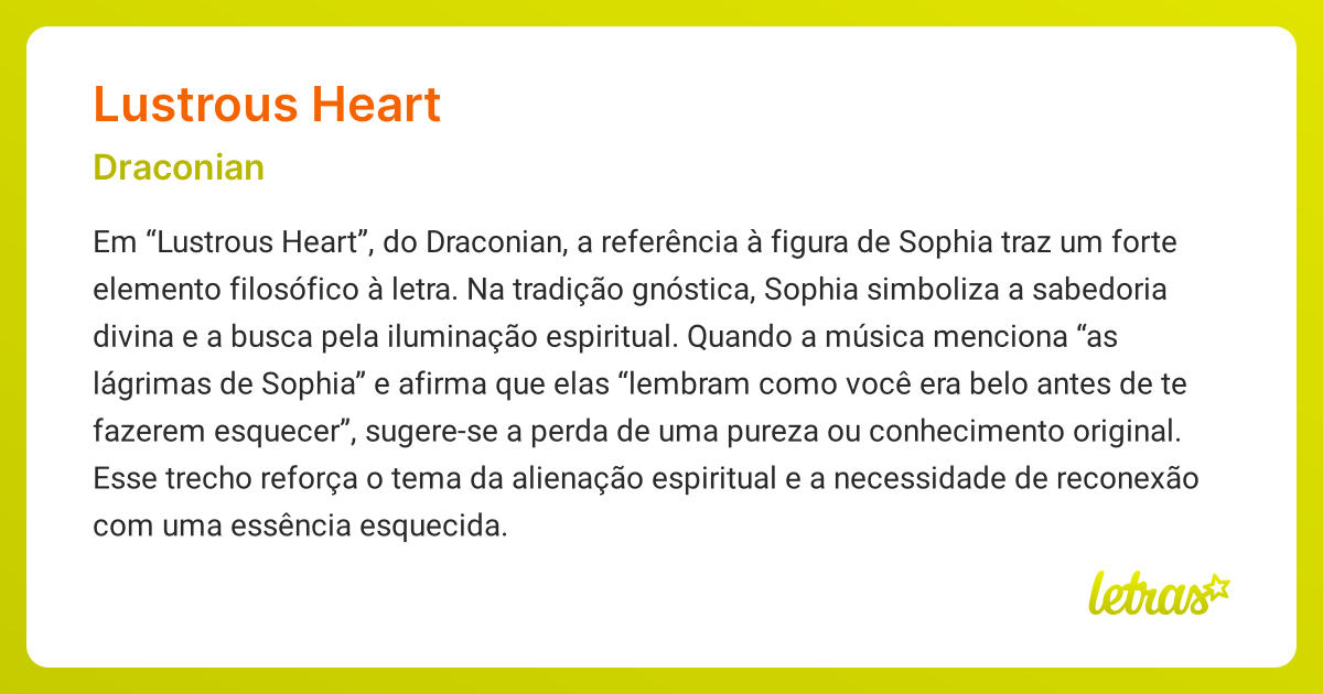 Significado da música LUSTROUS HEART (Draconian) - LETRAS.MUS.BR