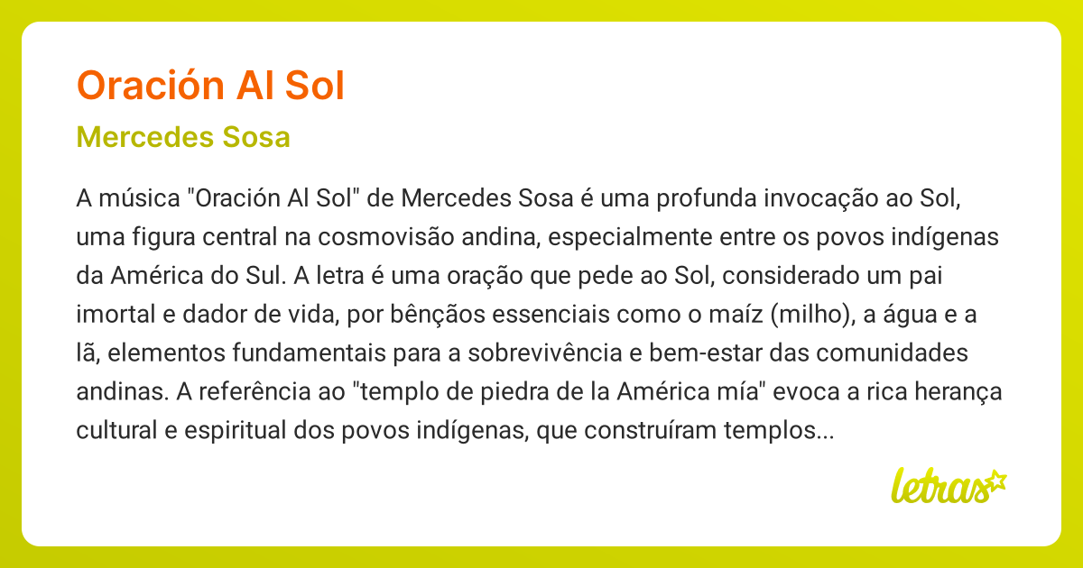 Significado da música ORACIÓN AL SOL (Mercedes Sosa) - LETRAS.MUS.BR