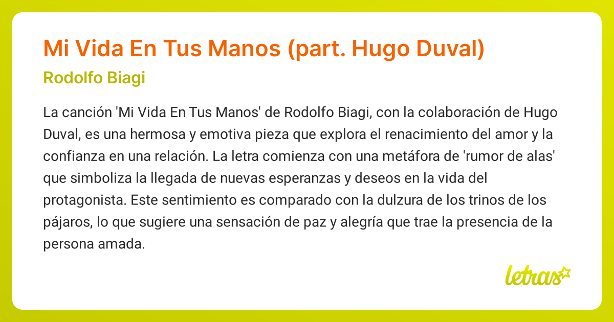 Significado de la canción Mi Vida En Tus Manos (part. Hugo Duval ...