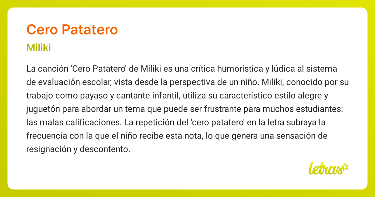 Significado de la canción CERO PATATERO (Miliki) - LETRAS.COM
