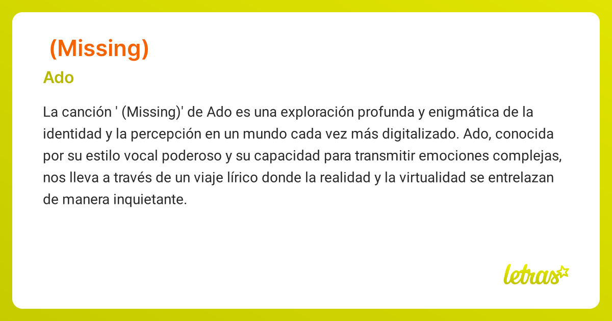 Significado de la canción 行方知れず (MISSING) (Ado) - LETRAS.COM