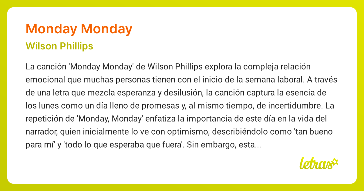 Significado de la canción MONDAY MONDAY (Wilson Phillips) - LETRAS.COM