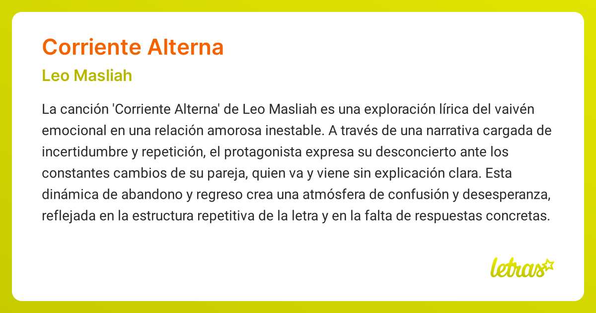 Significado de la canción CORRIENTE ALTERNA (Leo Masliah) - LETRAS.COM
