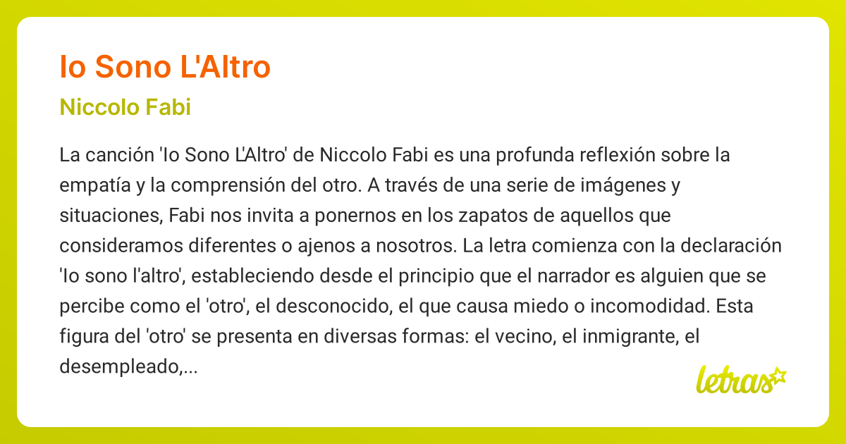 Significado de la canción IO SONO L'ALTRO (Niccolo Fabi) - LETRAS.COM